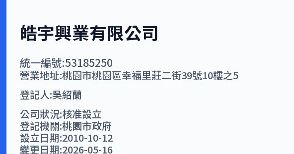 皓宇興業有限公司的照片-統編 53185250(桃園市) 公司登記資料與營業項目詳細圖表
