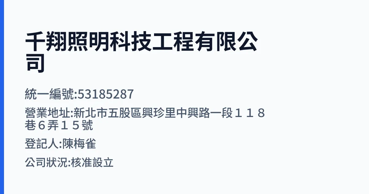 千翔照明科技工程有限公司 - 統編 53185287(新北市) 公司登記資料與營業項目詳細圖表