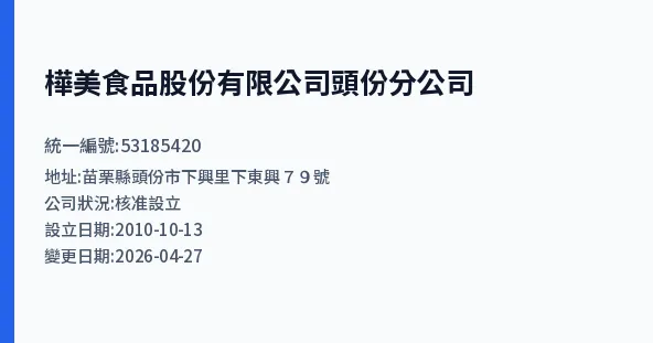 樺美食品股份有限公司頭份分公司的照片-統編 53185420(苗栗縣) 公司登記資料與營業項目詳細圖表