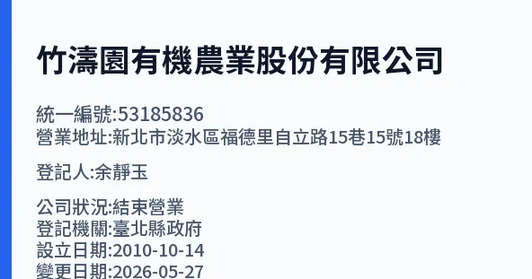 竹濤園有機農業股份有限公司的照片-統編 53185836(新北市) 公司登記資料與營業項目詳細圖表