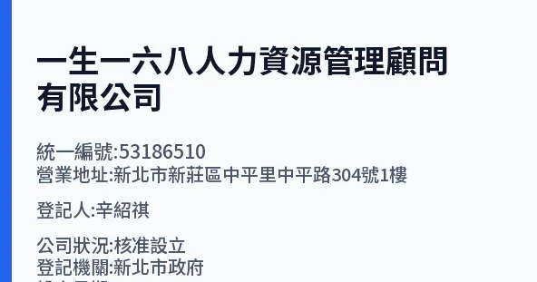 一生一六八人力資源管理顧問有限公司的照片-統編 53186510(新北市) 公司登記資料與營業項目詳細圖表