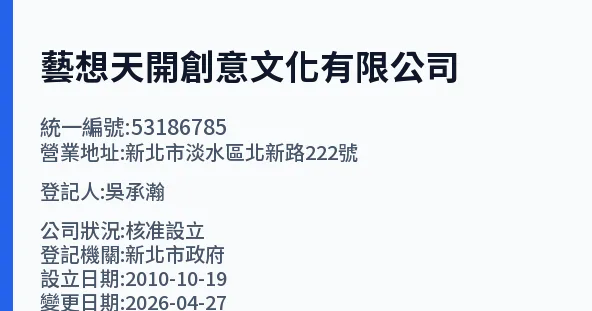 藝想天開創意文化有限公司的照片-統編 53186785(新北市) 公司登記資料與營業項目詳細圖表