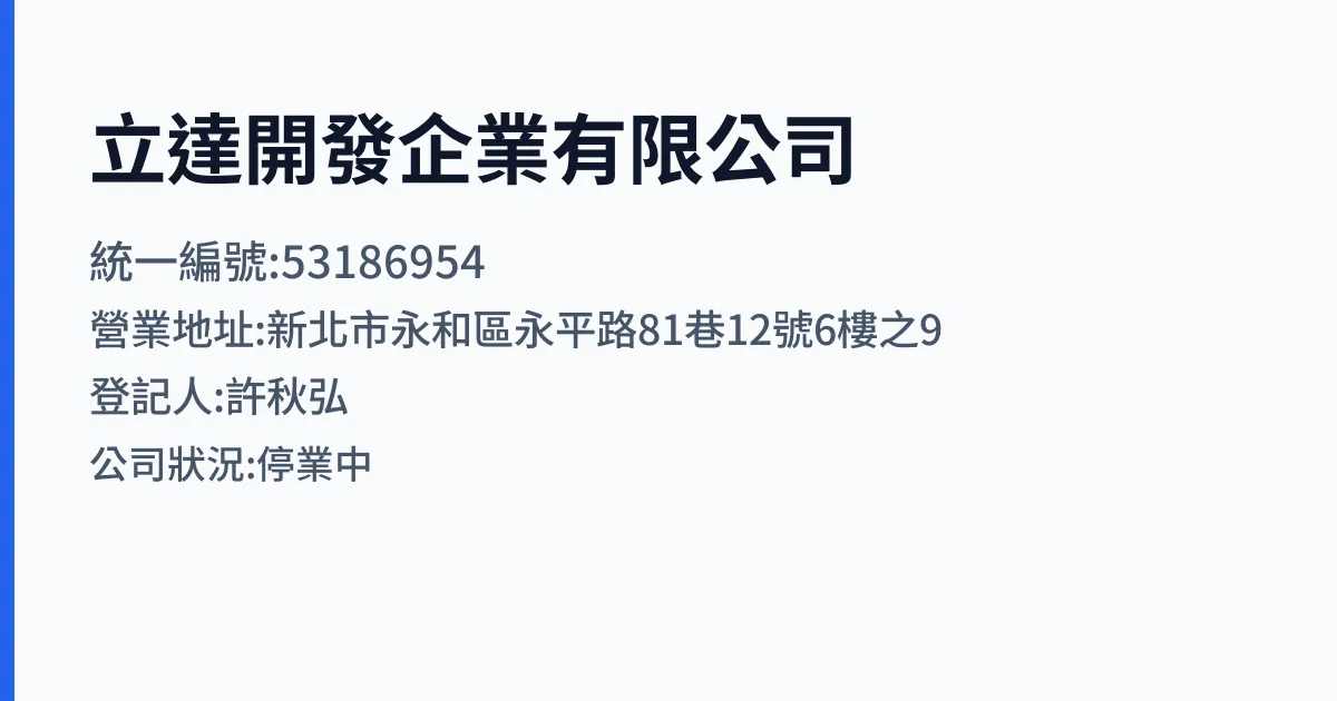 立達開發企業有限公司 - 統編 53186954(新北市) 公司登記資料與營業項目詳細圖表