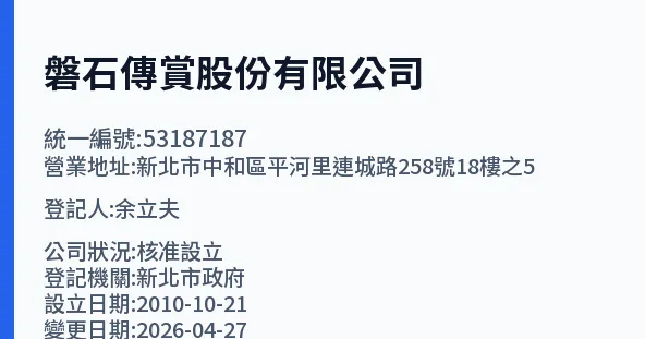 磐石傳賞股份有限公司的照片-統編 53187187(新北市) 公司登記資料與營業項目詳細圖表