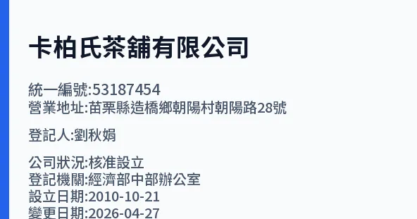 卡柏氏茶舖有限公司的照片-統編 53187454(苗栗縣) 公司登記資料與營業項目詳細圖表