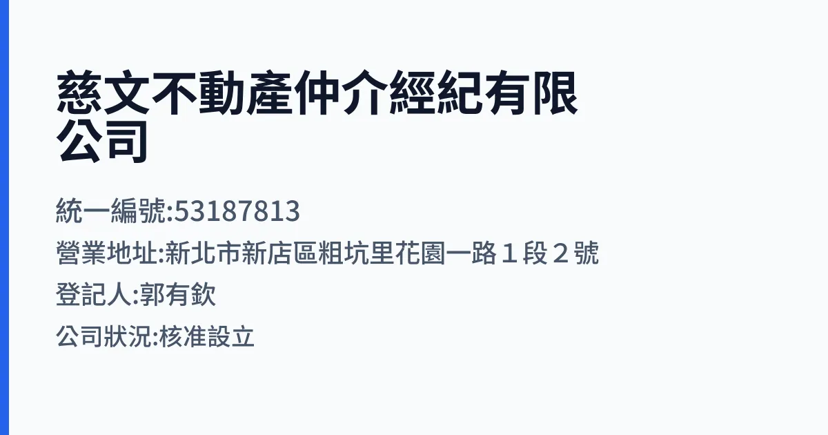 慈文不動產仲介經紀有限公司 - 統編 53187813(新北市) 公司登記資料與營業項目詳細圖表
