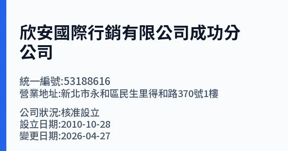 欣安國際行銷有限公司成功分公司的照片-統編 53188616(新北市) 公司登記資料與營業項目詳細圖表