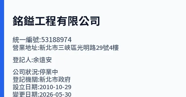 銘鎰工程有限公司的照片-統編 53188974(新北市) 公司登記資料與營業項目詳細圖表