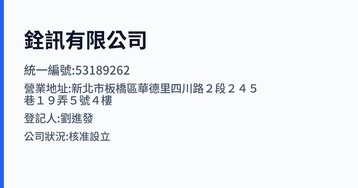 銓訊有限公司 - 統編 53189262(新北市) 公司登記資料與營業項目詳細圖表