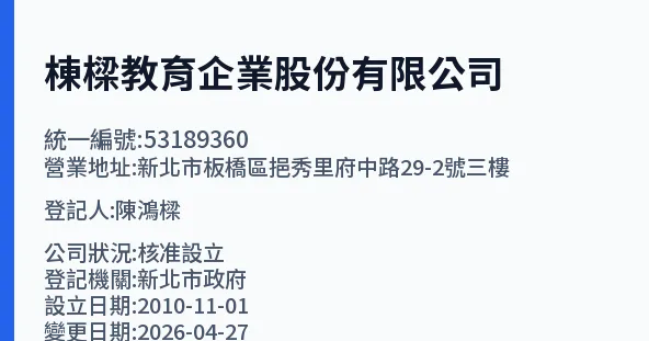 棟樑教育企業股份有限公司的照片-統編 53189360(新北市) 公司登記資料與營業項目詳細圖表