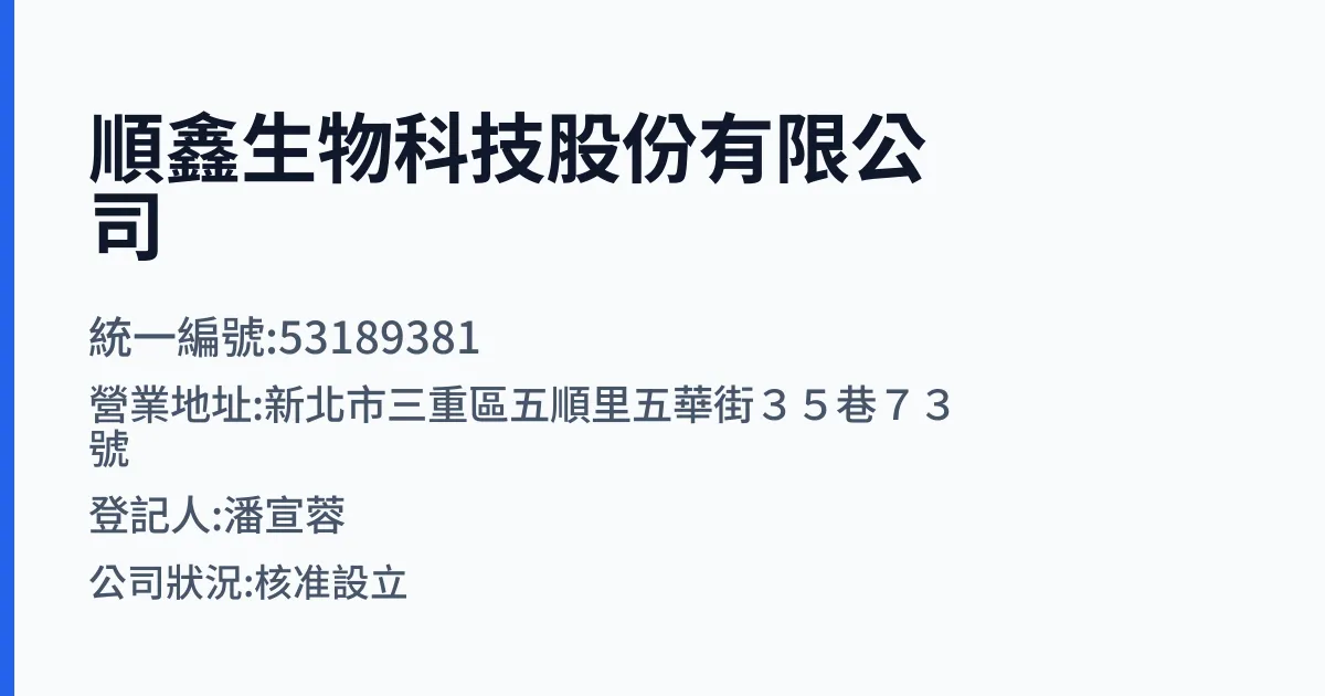 順鑫生物科技股份有限公司 - 統編 53189381(新北市) 公司登記資料與營業項目詳細圖表