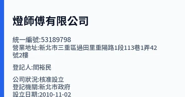 燈師傅有限公司的照片-統編 53189798(新北市) 公司登記資料與營業項目詳細圖表