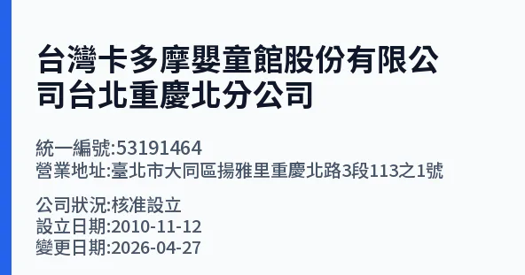 台灣卡多摩嬰童館股份有限公司台北重慶北分公司的照片-統編 53191464(臺北市) 公司登記資料與營業項目詳細圖表