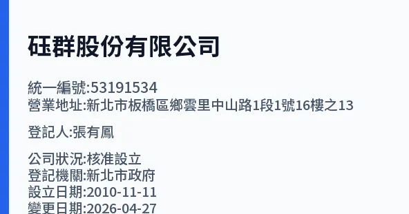 砡群股份有限公司的照片-統編 53191534(新北市) 公司登記資料與營業項目詳細圖表