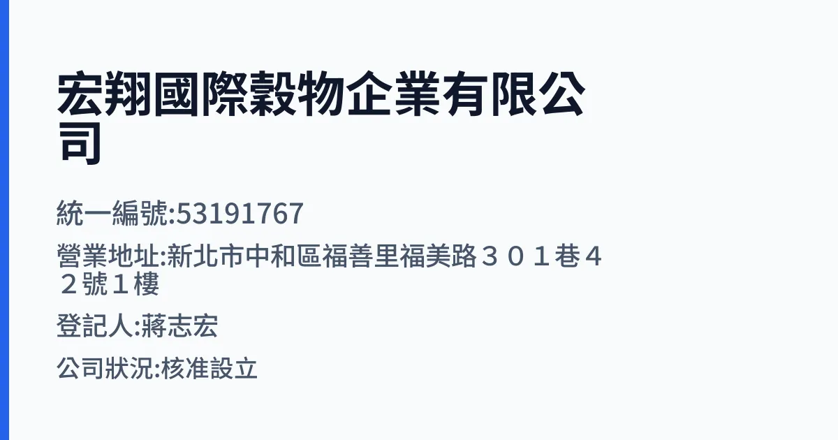 宏翔國際穀物企業有限公司 - 統編 53191767（新北市） 公司登記資料與營業項目詳細圖表