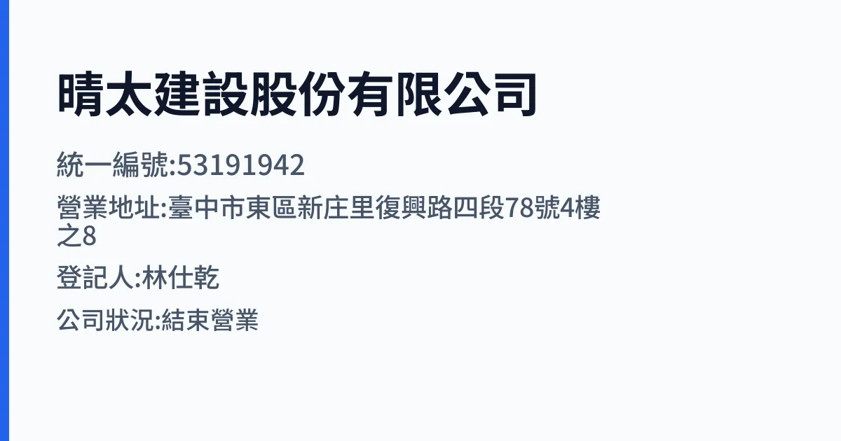 晴太建設股份有限公司 - 統編 53191942(臺中市) 公司登記資料與營業項目詳細圖表