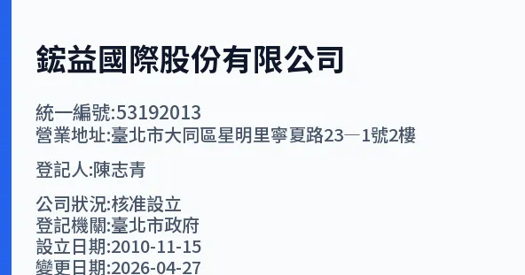 鋐益國際股份有限公司的照片-統編 53192013(臺北市) 公司登記資料與營業項目詳細圖表