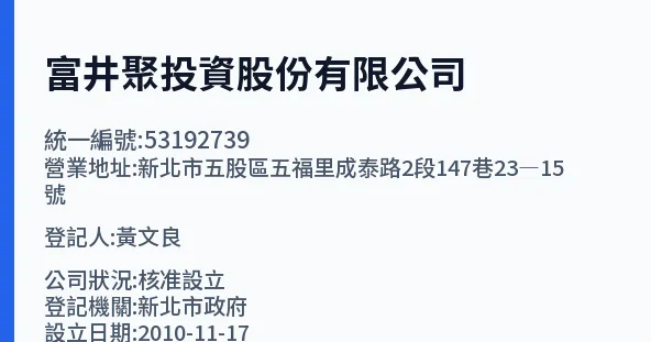 富井聚投資股份有限公司的照片-統編 53192739(新北市) 公司登記資料與營業項目詳細圖表
