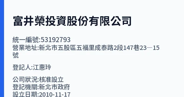 富井榮投資股份有限公司的照片-統編 53192793(新北市) 公司登記資料與營業項目詳細圖表
