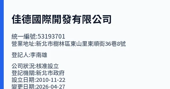 佳德國際開發有限公司的照片-統編 53193701(新北市) 公司登記資料與營業項目詳細圖表