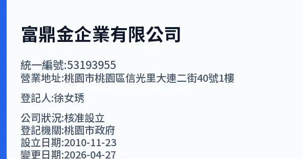 富鼎金企業有限公司的照片-統編 53193955(桃園市) 公司登記資料與營業項目詳細圖表