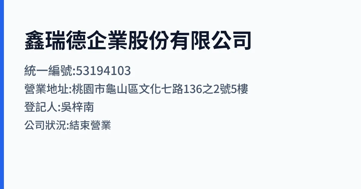 鑫瑞德企業股份有限公司 - 統編 53194103(桃園市) 公司登記資料與營業項目詳細圖表