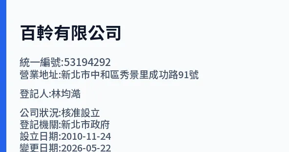 百軨有限公司的照片-統編 53194292(新北市) 公司登記資料與營業項目詳細圖表