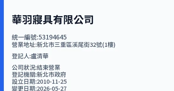 華羽寢具有限公司的照片-統編 53194645(新北市) 公司登記資料與營業項目詳細圖表