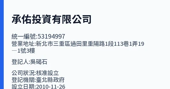 承佑投資有限公司的照片-統編 53194997(新北市) 公司登記資料與營業項目詳細圖表