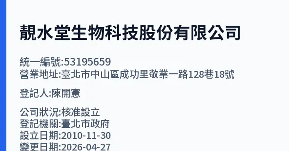 靚水堂生物科技股份有限公司的照片-統編 53195659(臺北市) 公司登記資料與營業項目詳細圖表