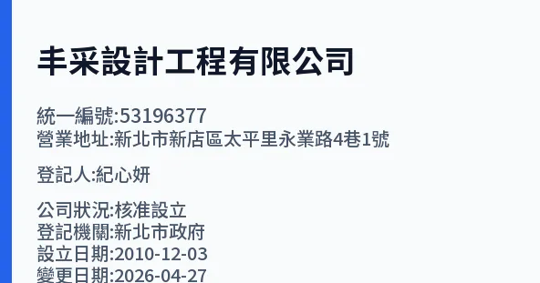 丰采設計工程有限公司的照片-統編 53196377(新北市) 公司登記資料與營業項目詳細圖表