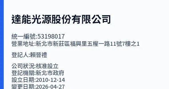 達能光源股份有限公司的照片-統編 53198017(新北市) 公司登記資料與營業項目詳細圖表
