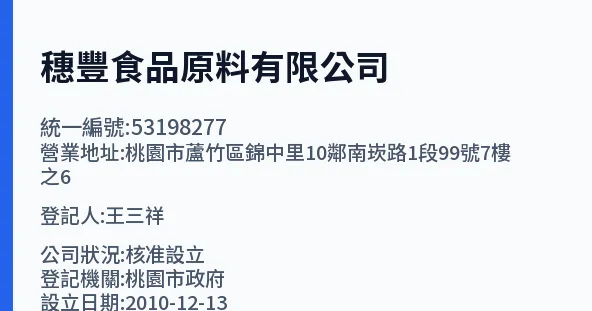 穗豐食品原料有限公司的照片-統編 53198277(桃園市) 公司登記資料與營業項目詳細圖表