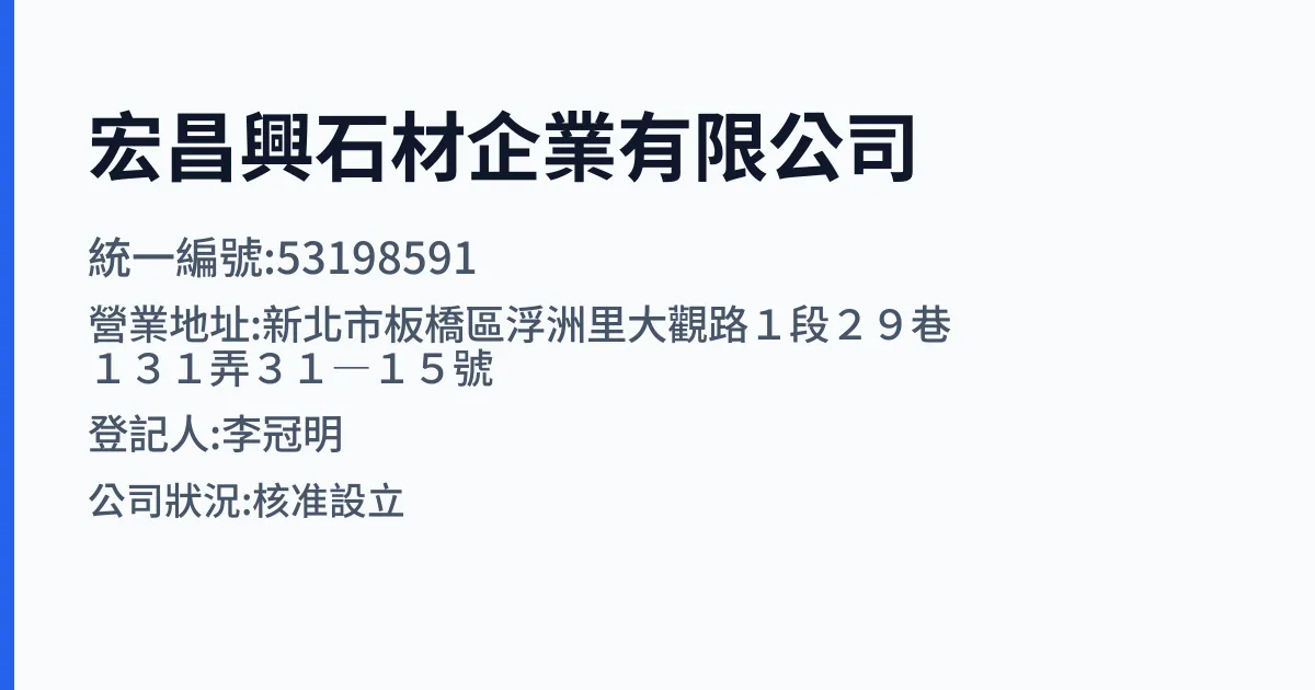 宏昌興石材企業有限公司 - 統編 53198591(新北市) 公司登記資料與營業項目詳細圖表