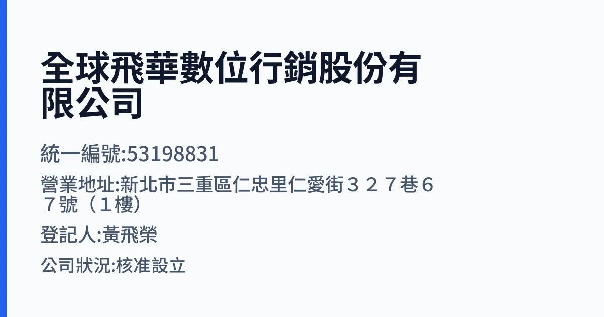 全球飛華數位行銷股份有限公司 - 統編 53198831(新北市) 公司登記資料與營業項目詳細圖表