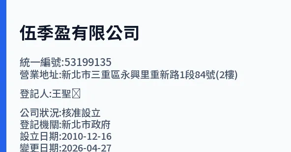 伍季盈有限公司的照片-統編 53199135(新北市) 公司登記資料與營業項目詳細圖表