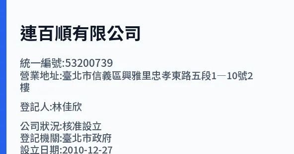 連百順有限公司的照片-統編 53200739(臺北市) 公司登記資料與營業項目詳細圖表