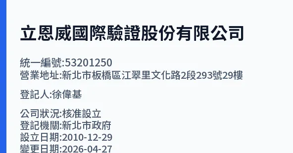 立恩威國際驗證股份有限公司的照片-統編 53201250(新北市) 公司登記資料與營業項目詳細圖表