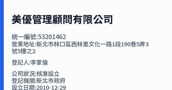 美優管理顧問有限公司的照片-統編 53201462(新北市) 公司登記資料與營業項目詳細圖表