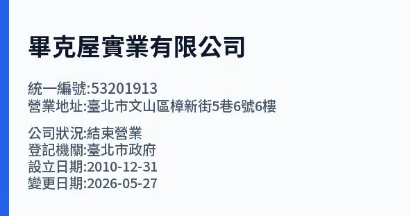 畢克屋實業有限公司的照片-統編 53201913(臺北市) 公司登記資料與營業項目詳細圖表