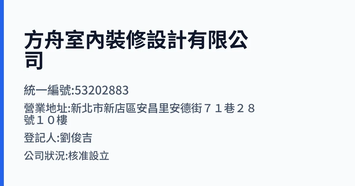 方舟室內裝修設計有限公司 - 統編 53202883(新北市) 公司登記資料與營業項目詳細圖表