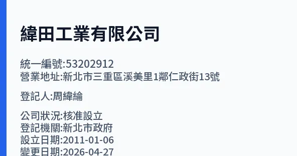 緯田工業有限公司的照片-統編 53202912(新北市) 公司登記資料與營業項目詳細圖表