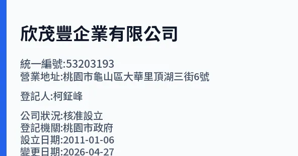 欣茂豐企業有限公司的照片-統編 53203193(桃園市) 公司登記資料與營業項目詳細圖表