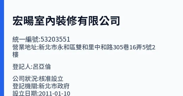 宏暘室內裝修有限公司的照片-統編 53203551(新北市) 公司登記資料與營業項目詳細圖表