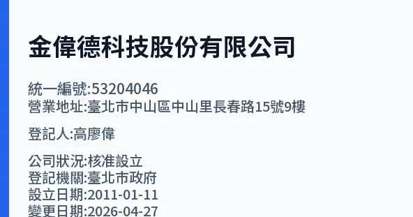 金偉德科技股份有限公司的照片-統編 53204046(臺北市) 公司登記資料與營業項目詳細圖表
