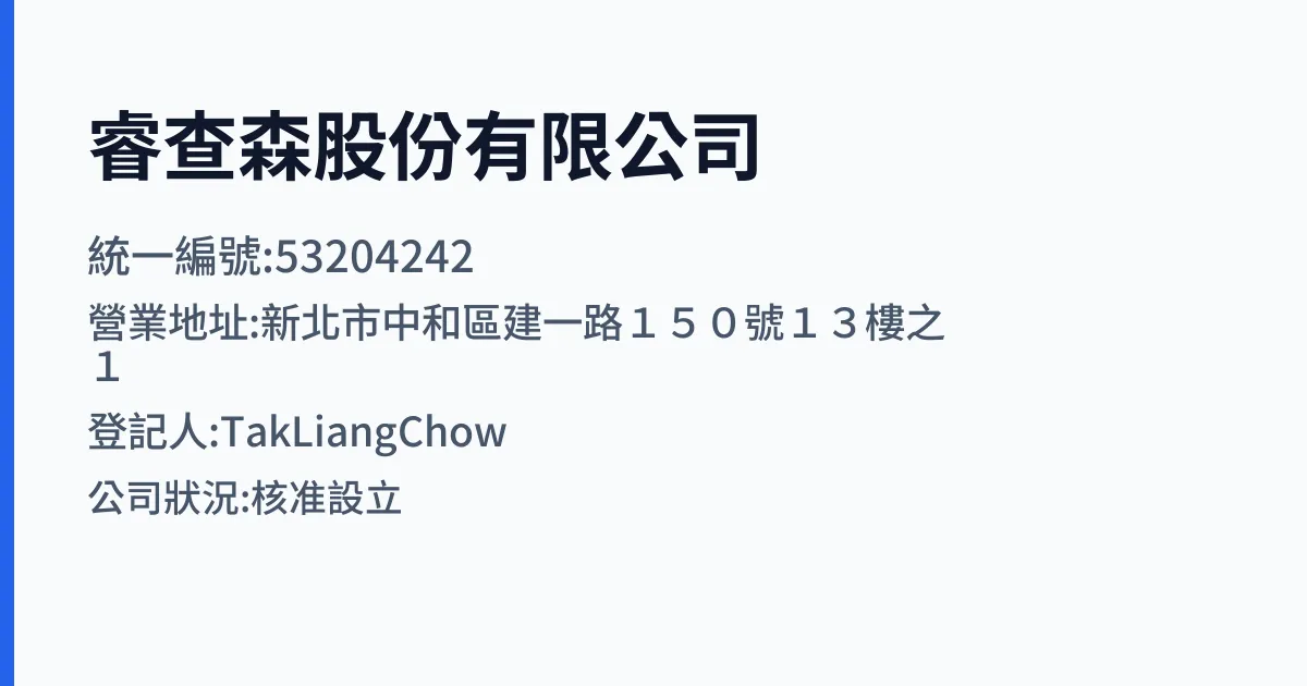 睿查森股份有限公司 - 統編 53204242(新北市) 公司登記資料與營業項目詳細圖表