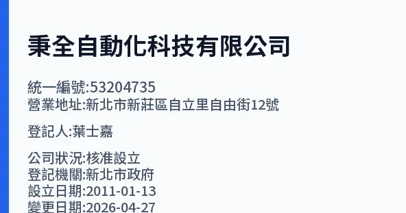 秉全自動化科技有限公司的照片-統編 53204735(新北市) 公司登記資料與營業項目詳細圖表