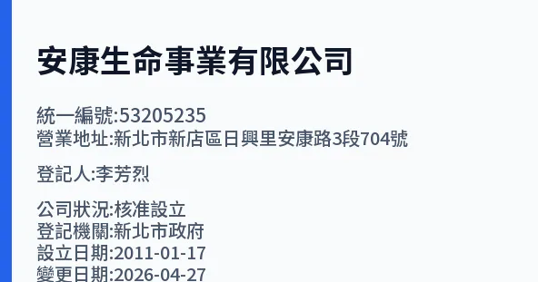 安康生命事業有限公司的照片-統編 53205235(新北市) 公司登記資料與營業項目詳細圖表