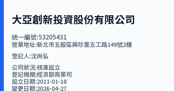 大亞創新投資股份有限公司的照片-統編 53205431(新北市) 公司登記資料與營業項目詳細圖表