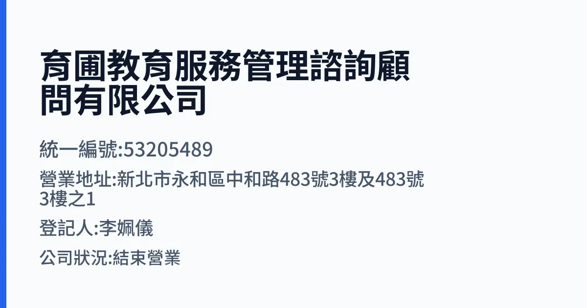 育圃教育服務管理諮詢顧問有限公司 - 統編 53205489(新北市) 公司登記資料與營業項目詳細圖表